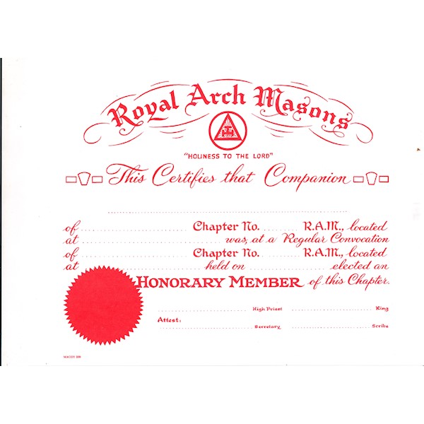 Royal Arch Mason Honoree Member Certificate