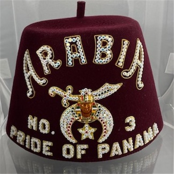 Shriner maroon Velour single row hand embroidered rhinestone fez.