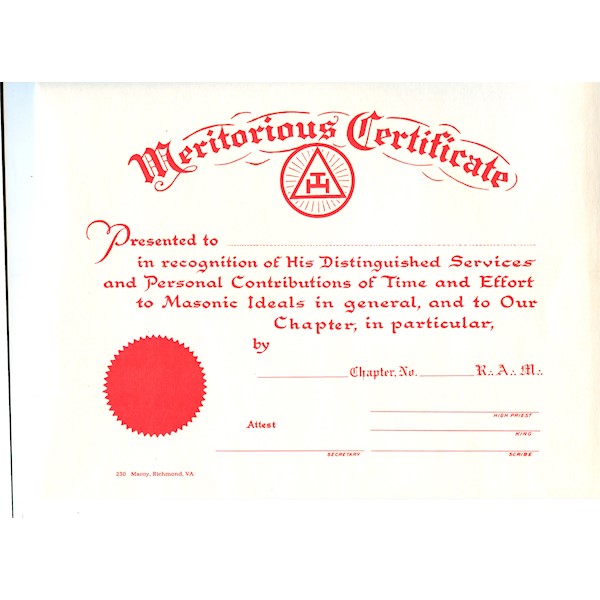 Royal Arch Masons Meritorious Certificate